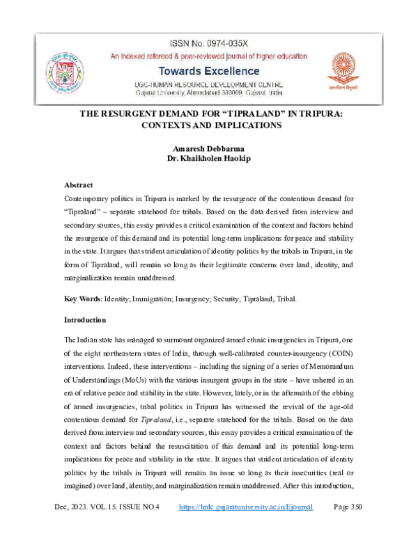 (PDF) THE RESURGENT DEMAND FOR “TIPRALAND” IN TRIPURA: CONTEXTS AND IMPLICATIONS