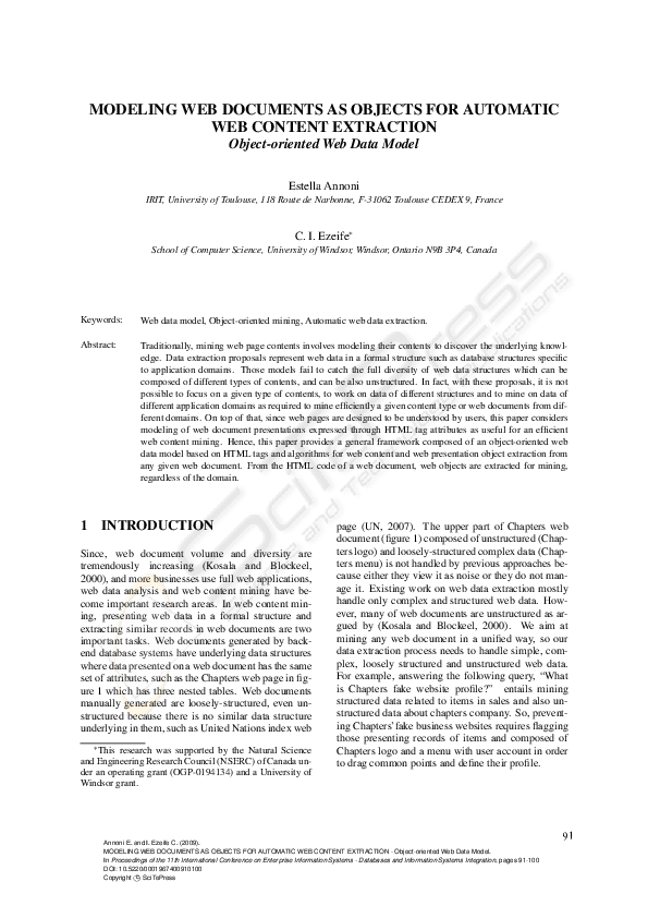 (PDF) MODELING WEB DOCUMENTS AS OBJECTS FOR AUTOMATIC WEB CONTENT EXTRACTION - Object-oriented ...