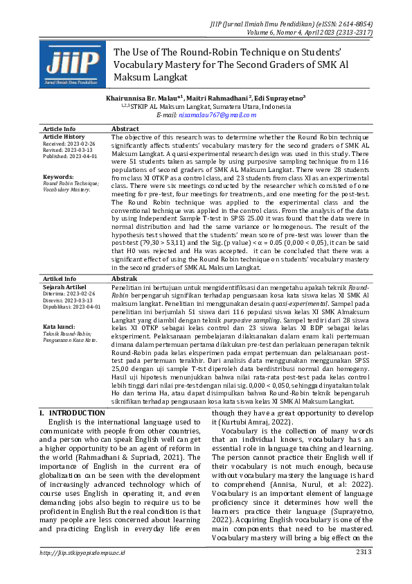 (PDF) The Use of The Round-Robin Technique on Students’ Vocabulary ...