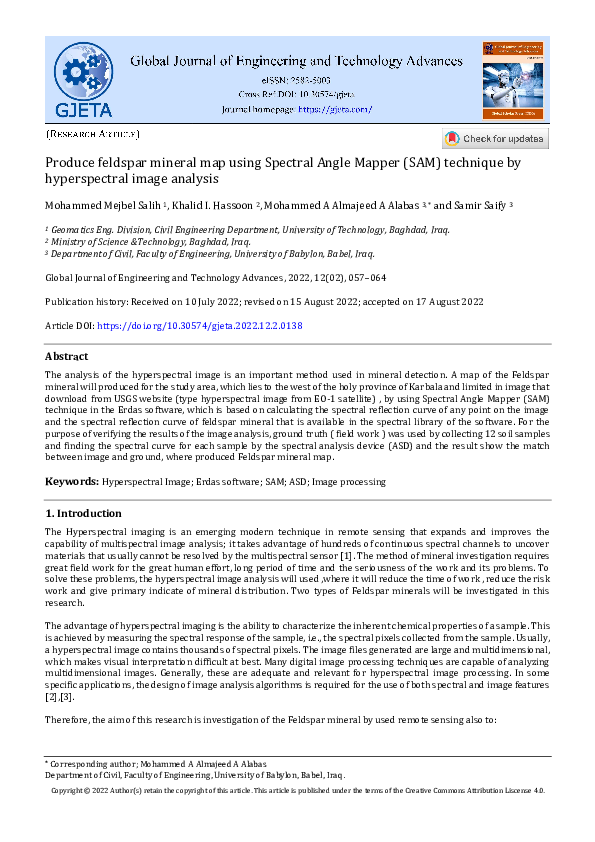 (PDF) Produce feldspar mineral map using Spectral Angle Mapper (SAM ...