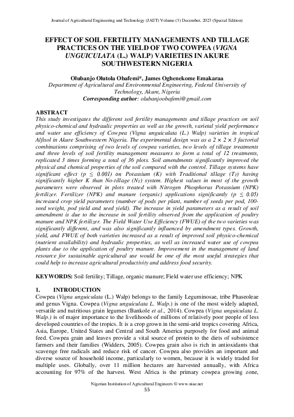 (PDF) EFFECT OF SOIL FERTILITY MANAGEMENTS AND TILLAGE PRACTICES ON THE YIELD OF TWO COWPEA ...