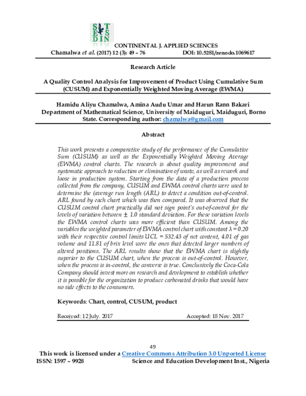 (PDF) A Quality Control Analysis For Improvement Of Product Using Cumulative Sum (Cusum) And ...