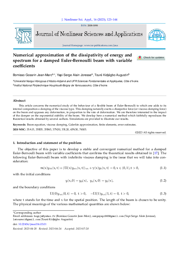 (PDF) Numerical approximation of the dissipativity of energy and spectrum for a damped Euler ...