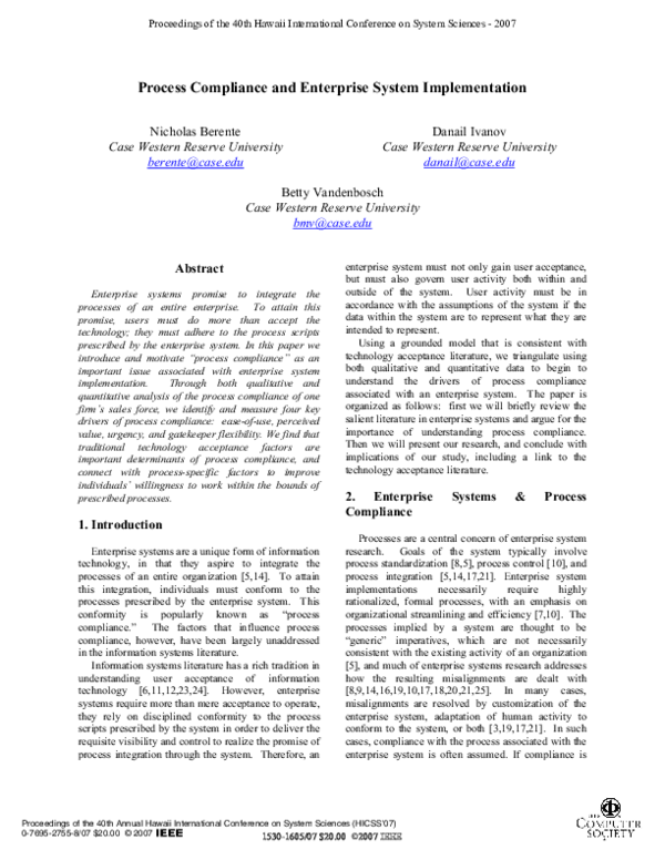 (PDF) Process Compliance and Enterprise System Implementation