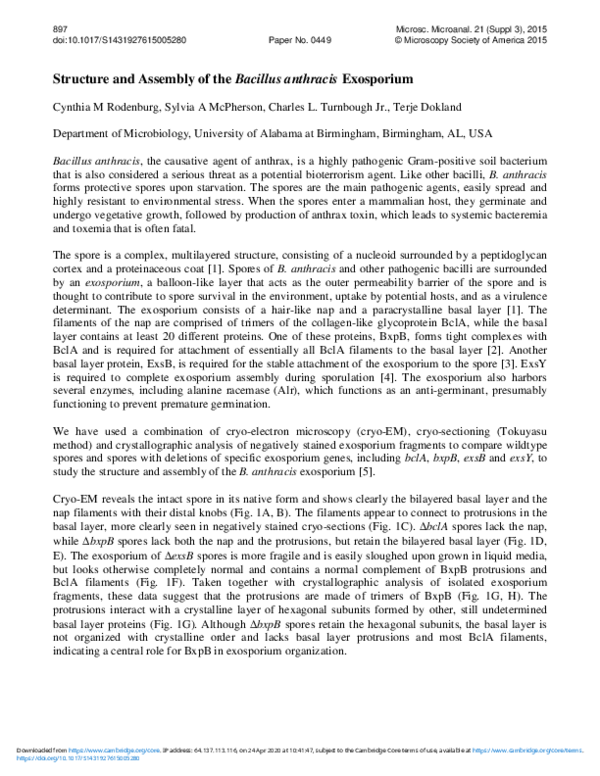 (PDF) Structure and Assembly of the Bacillus anthracis Exosporium