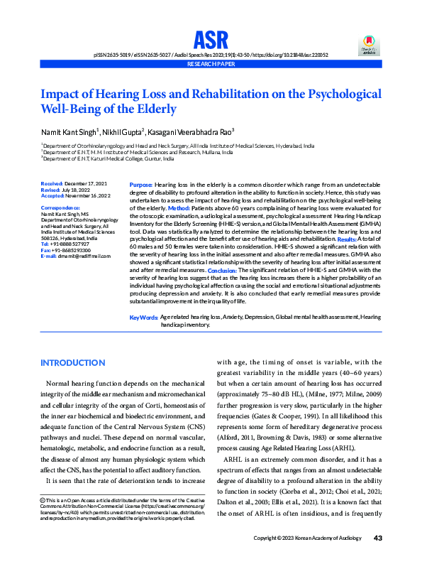 (PDF) Impact of Hearing Loss and Rehabilitation on the Psychological ...