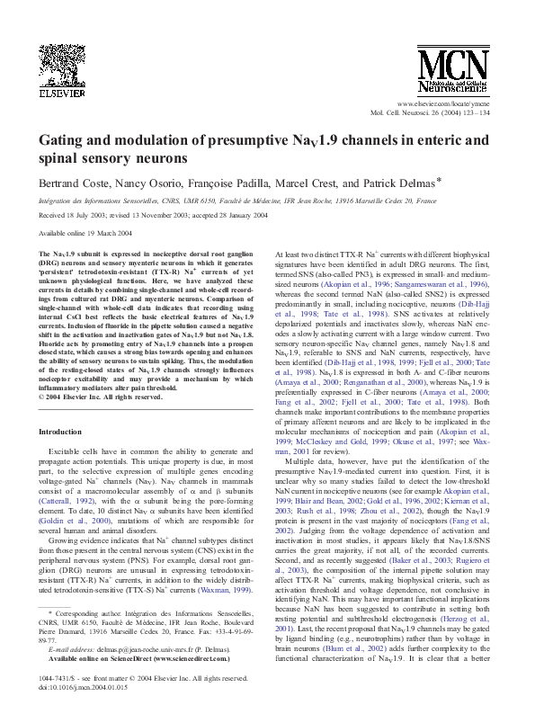 (PDF) Gating and modulation of presumptive NaV1.9 channels in enteric ...