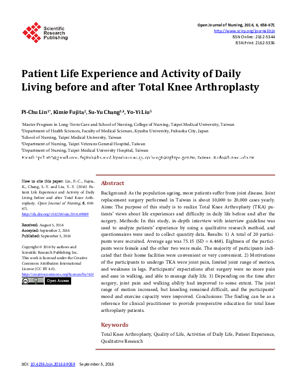 (PDF) Patient Life Experience and Activity of Daily Living before and ...