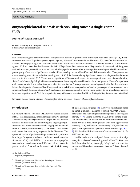 (PDF) Amyotrophic lateral sclerosis with coexisting cancer: a single ...