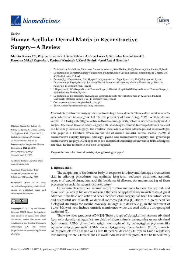 (PDF) Human Acellular Dermal Matrix in Reconstructive Surgery—A Review