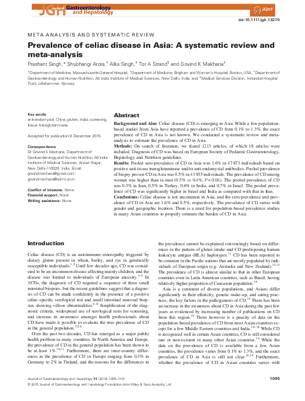 (PDF) Prevalence of Celiac disease in Asia: A systematic review and meta-analysis
