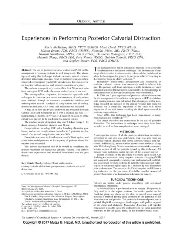 (PDF) Experiences in Performing Posterior Calvarial Distraction