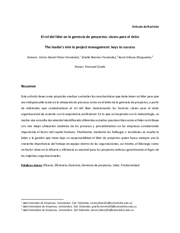 (PDF) El rol del líder en la gerencia de proyectos: claves para el ...