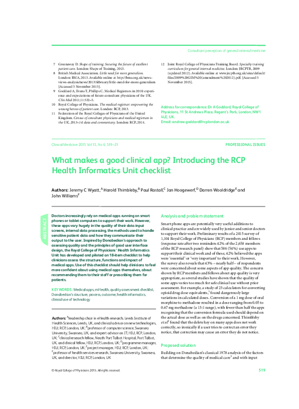 (PDF) What makes a good clinical app? Introducing the RCP Health ...