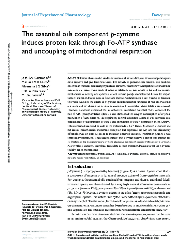 (PDF) The essential oils component p-cymene induces proton leak through ...