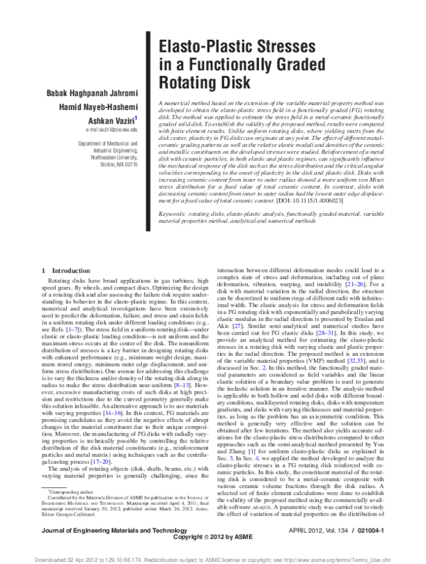 (PDF) Elasto-Plastic Stresses in a Functionally Graded Rotating Disk