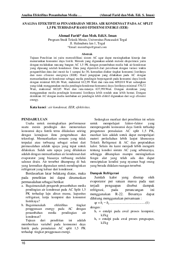 (PDF) Analisa Efektifitas Penambahan Media Air Kondensat Pada Ac Split 1,5 PK Terhadap Rasio ...