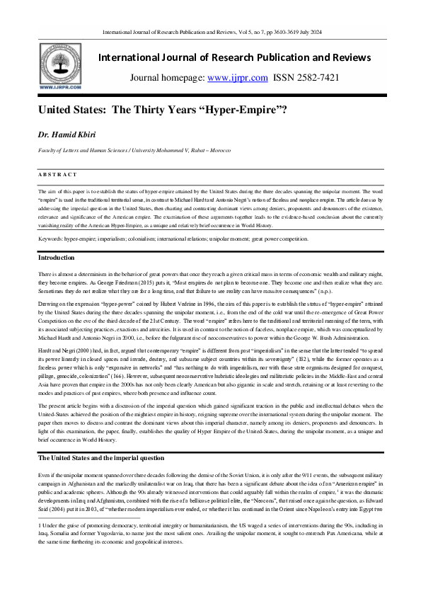 (PDF) United States: The Thirty Years “Hyper-Empire”?