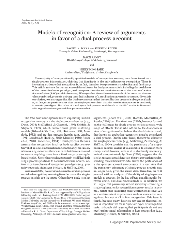 (PDF) Models of recognition: A review of arguments in favor of a dual ...