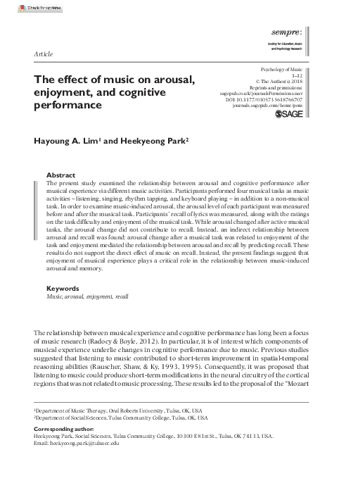 (PDF) The effect of music on arousal, enjoyment, and cognitive performance
