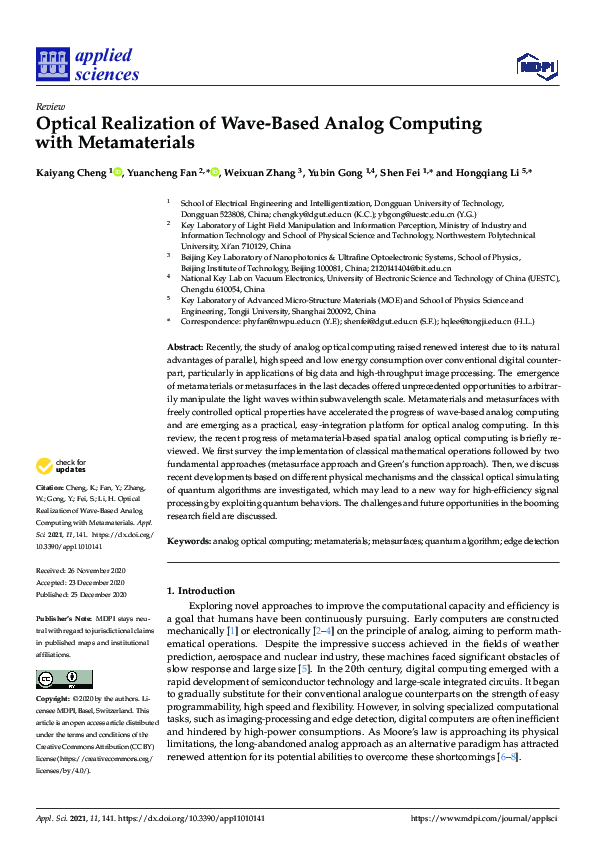 (PDF) Optical Realization of Wave-Based Analog Computing with Metamaterials