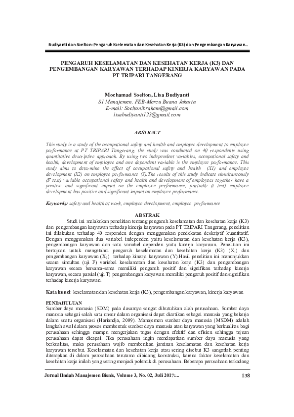 (PDF) Pengaruh Keselamatan Dan Kesehatan Kerja (K3) Dan Pengembangan ...