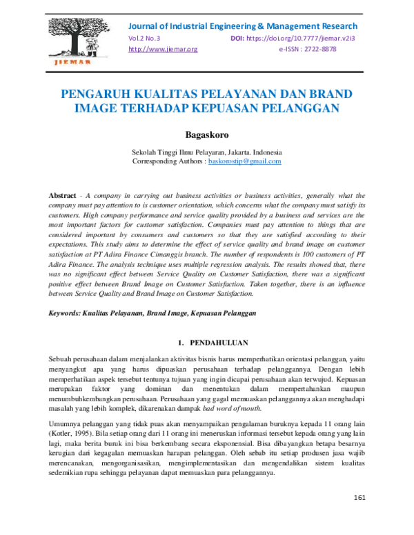(PDF) Pengaruh Kualitas Pelayanan Dan Brand Image Terhadap Kepuasan Pelanggan