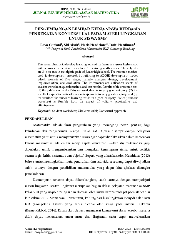 (PDF) Pengembangan Lembar Kerja Siswa Berbasis Pendekatan Kontekstual pada Materi Lingkaran ...