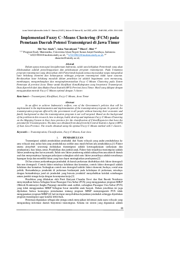 (PDF) Implementasi Fuzzy C–Means Clustering (FCM) Pada Pemetaan Daerah Potensi Transmigrasi DI ...