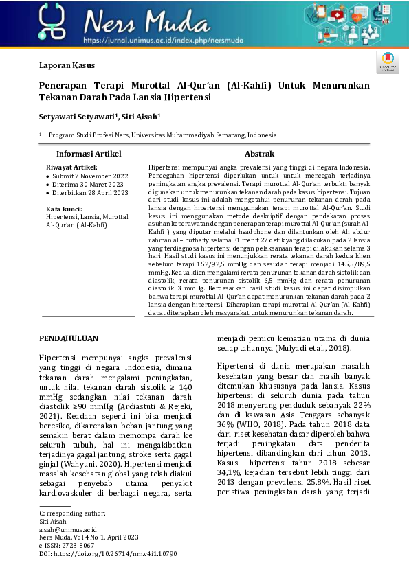 (PDF) Penerapan Terapi Murottal Al-Qur’an (Al-Kahfi) Untuk Menurunkan Tekanan Darah Pada Lansia ...