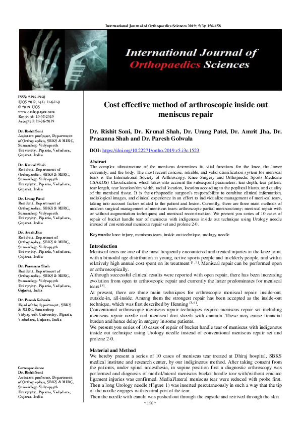 (PDF) Cost effective method of arthroscopic inside out meniscus repair