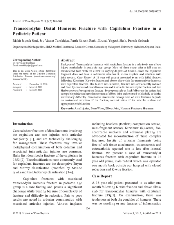 (PDF) Transcondylar Distal Humerus Fracture with Capitulum Fracture in ...