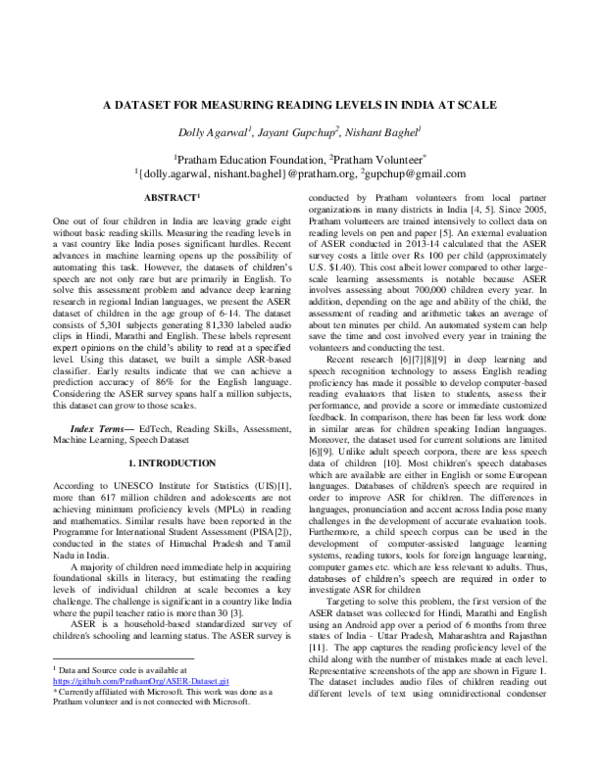 (PDF) A Dataset for Measuring Reading Levels In India At Scale
