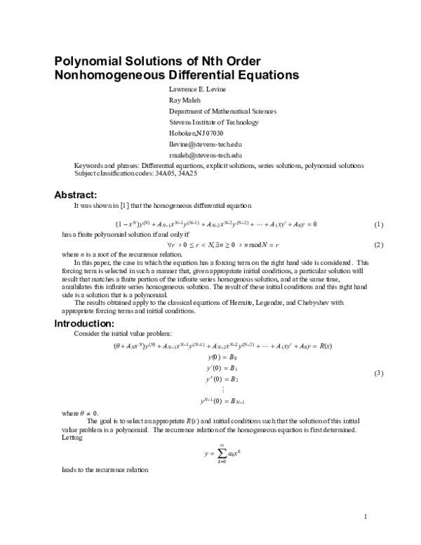 (PDF) Polynomial solutions of N th order non-homogeneous differential equations