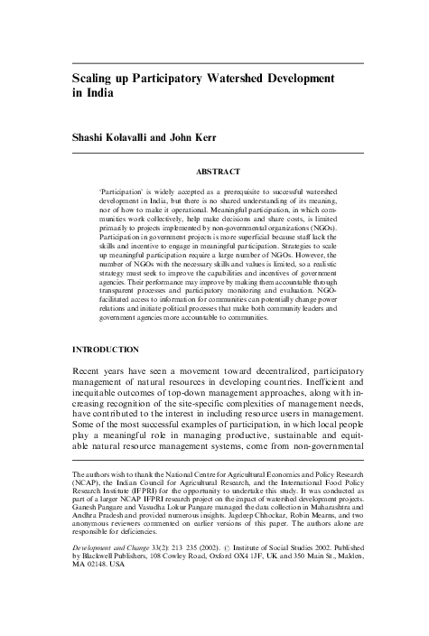 (PDF) Scaling up Participatory Watershed Development in India