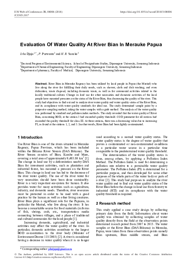(PDF) Evaluation Of Water Quality At River Bian In Merauke Papua