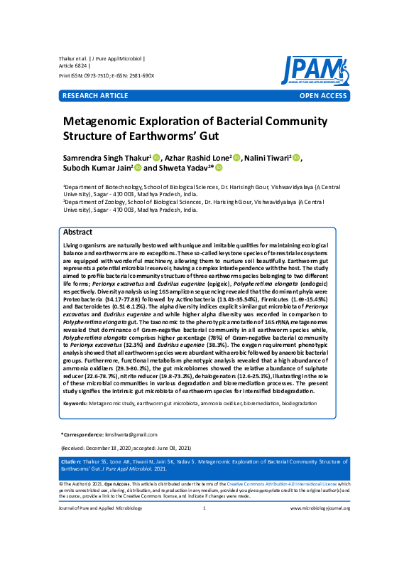 (PDF) Metagenomic Exploration of Bacterial Community Structure of Earthworms’ Gut | Nalini ...