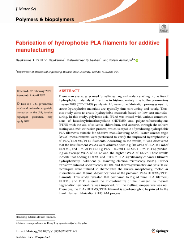 (PDF) Fabrication of hydrophobic PLA filaments for additive manufacturing