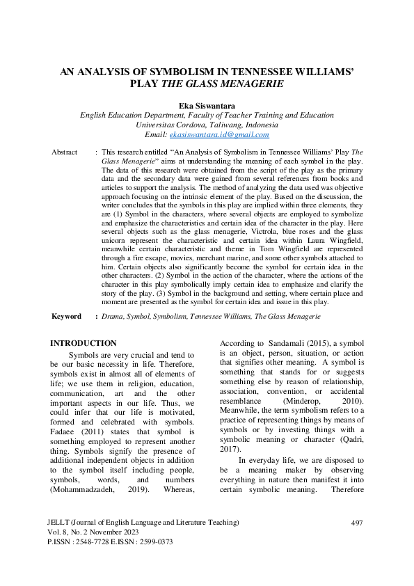 (PDF) AN ANALYSIS OF SYMBOLISM IN TENNESSEE WILLIAMS' PLAY THE GLASS ...
