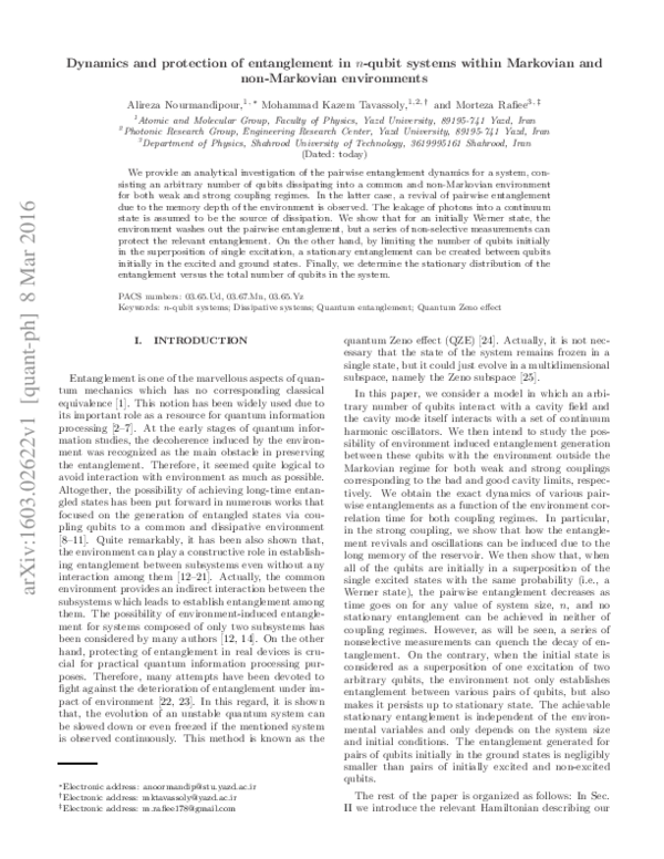 (PDF) Dynamics and protection of entanglement inn-qubit systems within Markovian and non ...