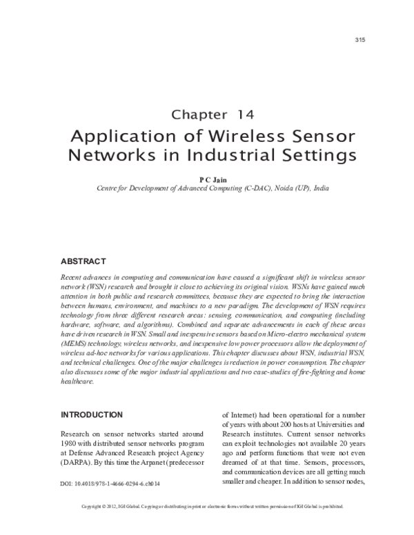 (PDF) Application of Wireless Sensor Networks in Industrial Settings