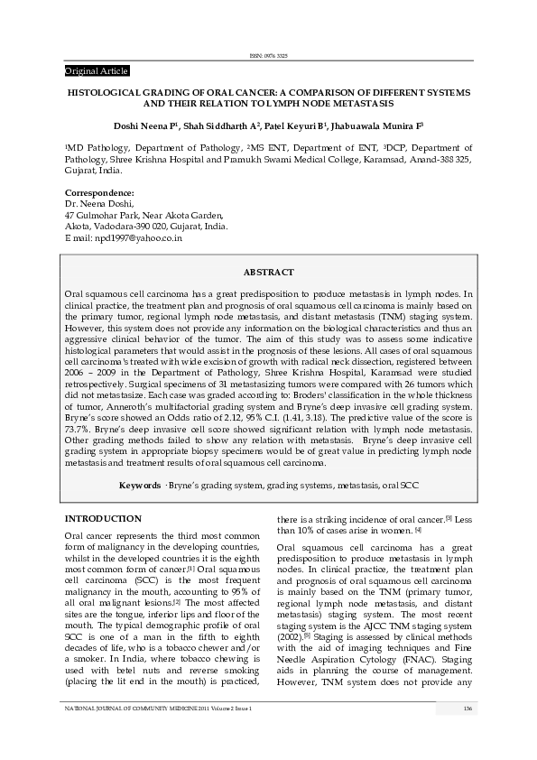 (PDF) HISTOLOGICAL GRADING OF ORAL CANCER: A COMPARISON OF DIFFERENT ...