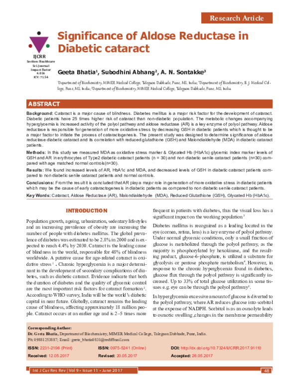 (PDF) Significance of Aldose Reductase in Diabetic cataract