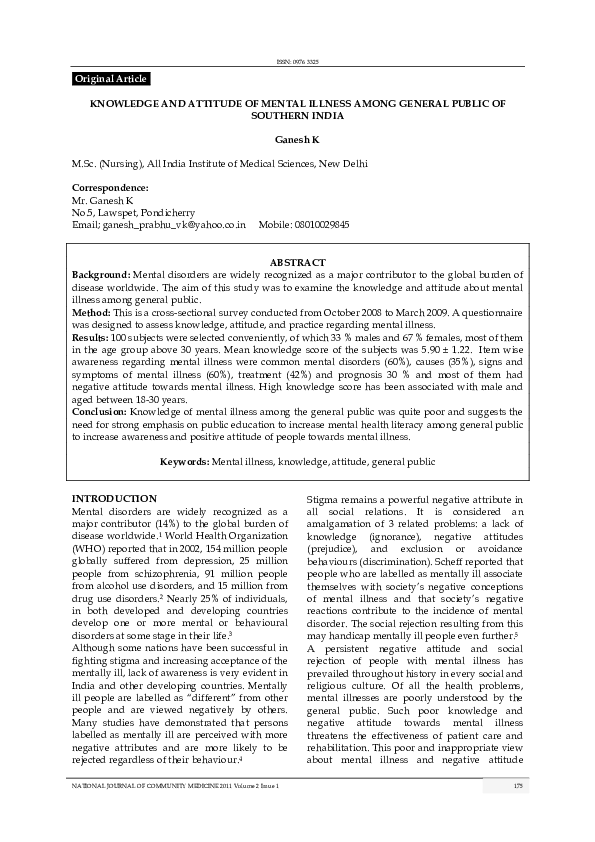 (PDF) KNOWLEDGE AND ATTITUDE OF MENTAL ILLNESS AMONG GENERAL PUBLIC OF SOUTHERN INDIA