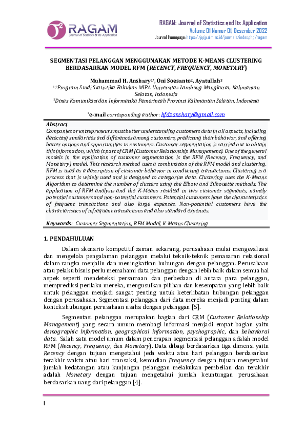 Pdf Segmentasi Pelanggan Menggunakan Metode K Means Clustering Berdasarkan Model Rfm Recency