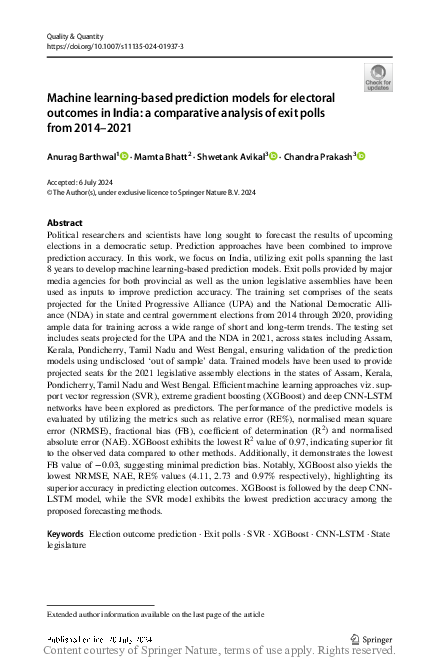 Pdf Machine Learning Based Prediction Models For Electoral Outcomes