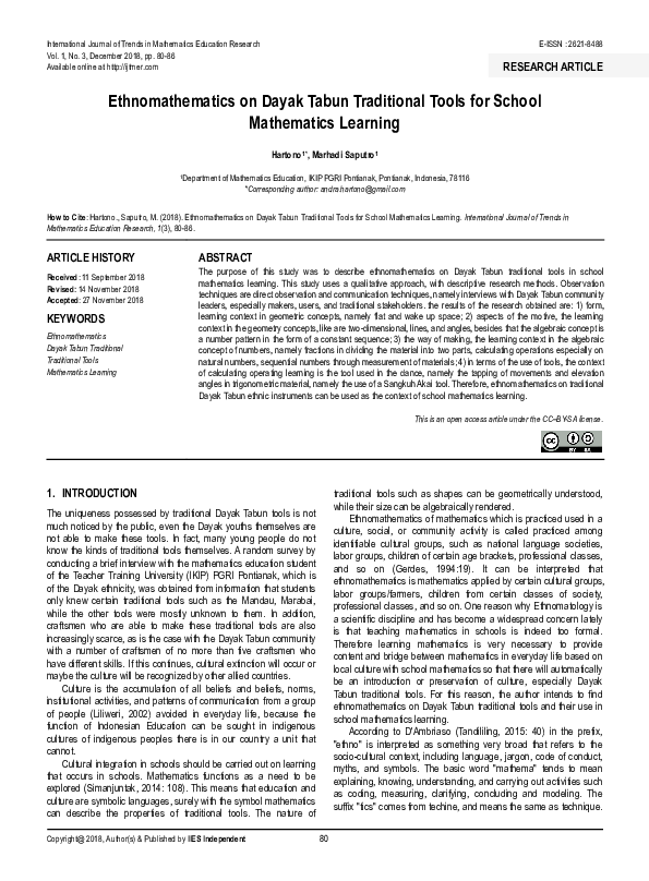 (PDF) Ethnomathematics on Dayak Tabun Traditional Tools for School ...
