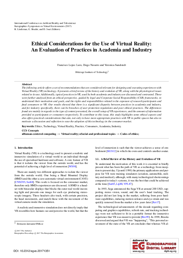 (PDF) Ethical Considerations for the Use of Virtual Reality: An ...