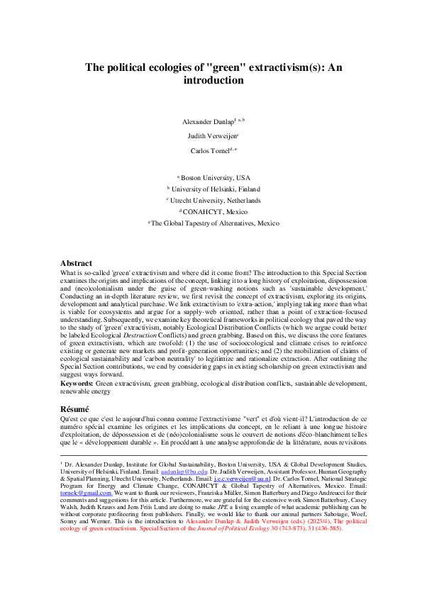 (PDF) The political ecologies of "green" extractivism(s): An introduction
