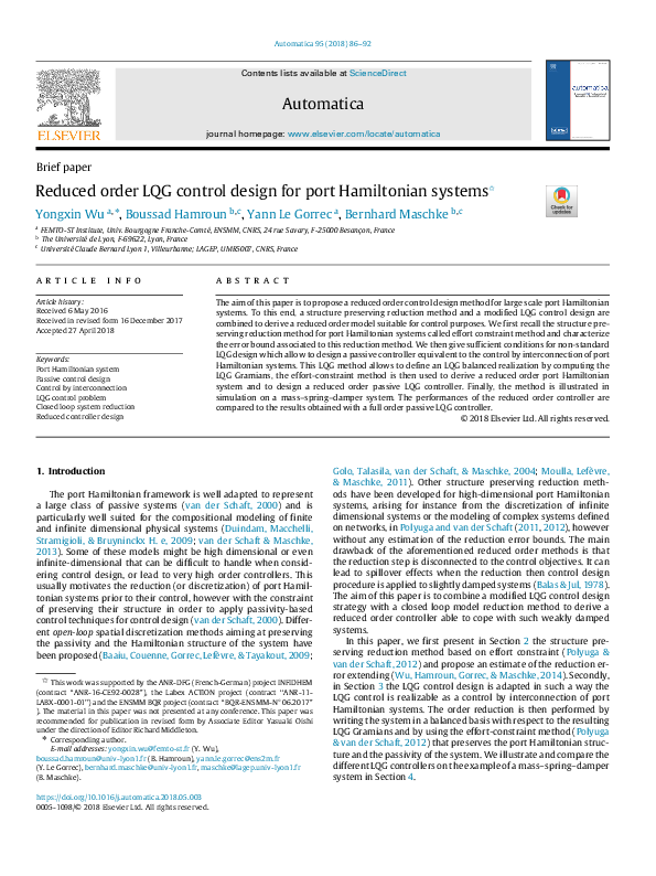 (PDF) Reduced order LQG control design for port Hamiltonian systems